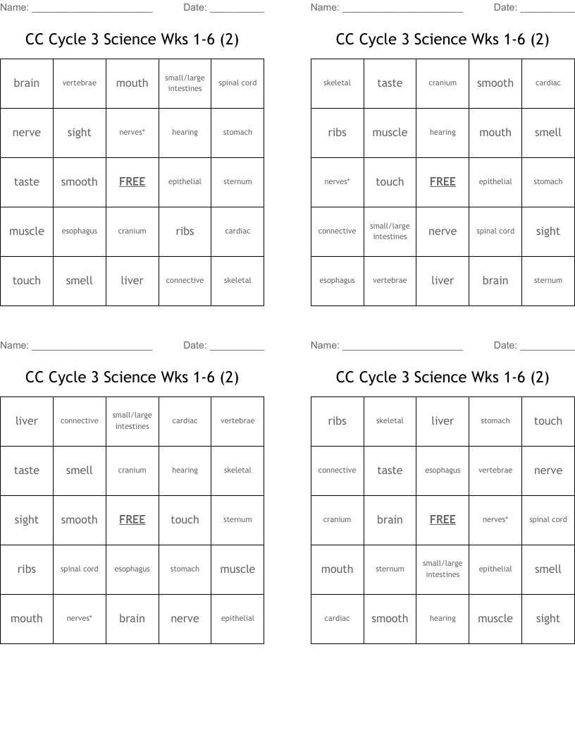CC Cycle 3 Science Wks 1-6 (2) Bingo Cards - WordMint