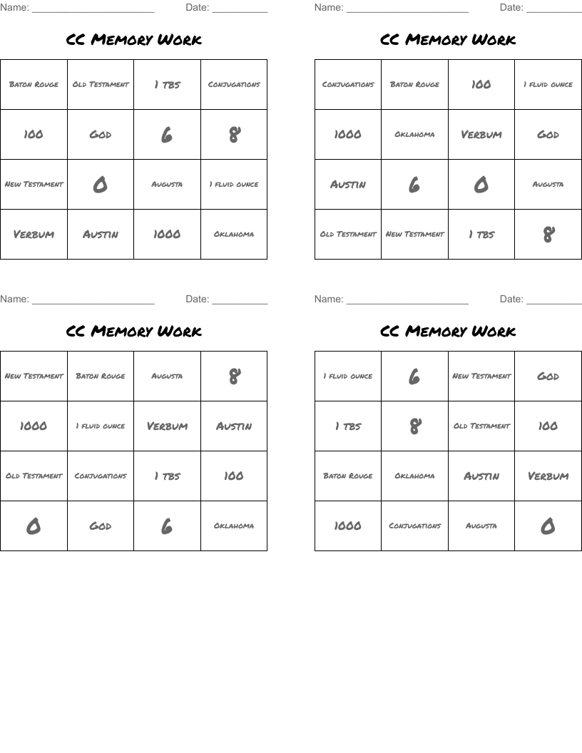 CC Memory Work Bingo Cards - WordMint