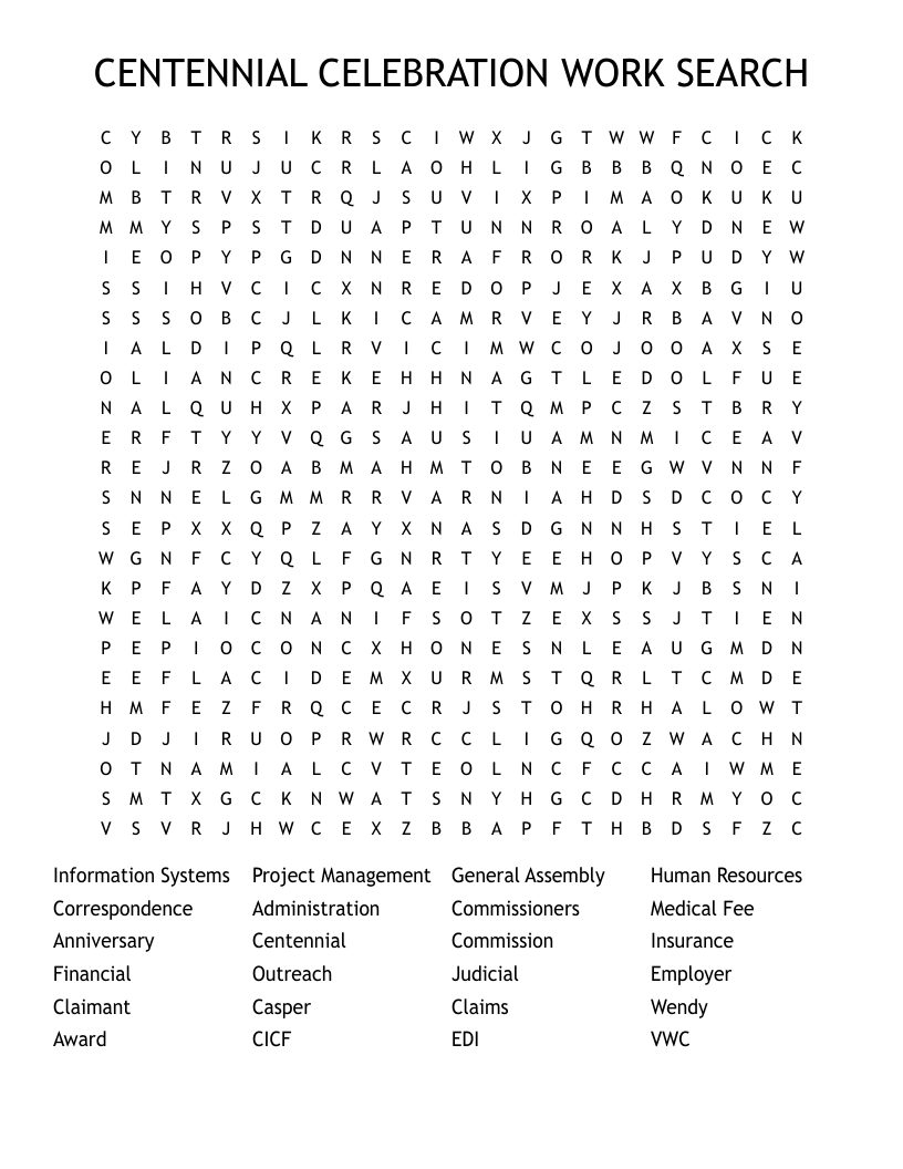 CENTENNIAL CELEBRATION WORK SEARCH Word Search - WordMint