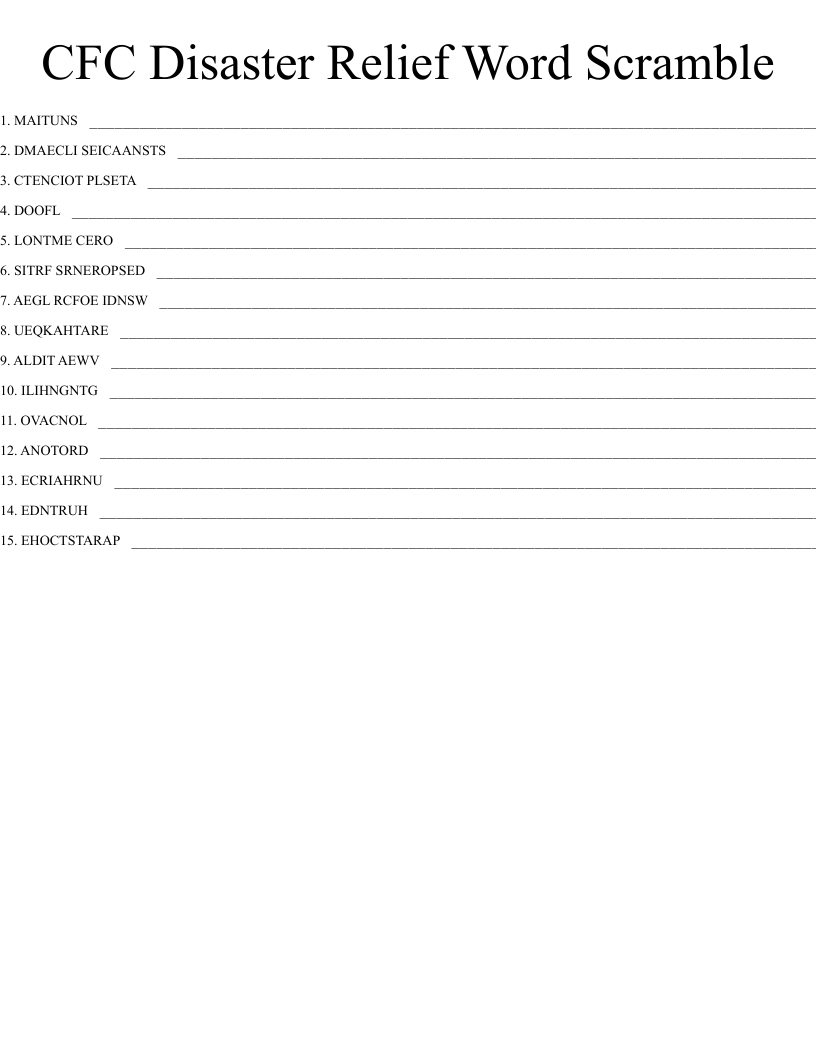 CFC Disaster Relief Word Scramble - WordMint