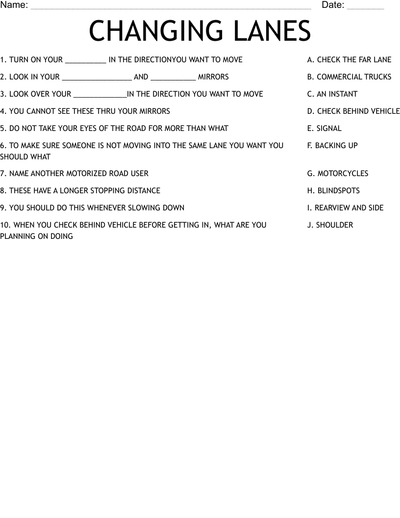 CHANGING LANES Worksheet - WordMint