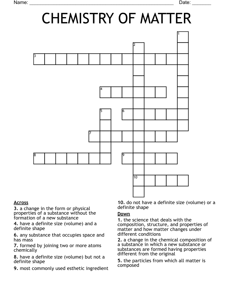 CHEMISTRY OF MATTER Crossword - WordMint