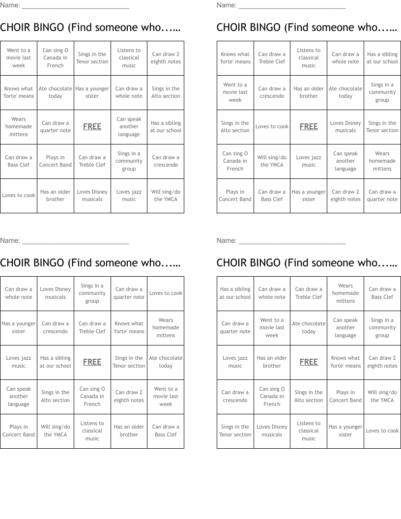 CHOIR BINGO (Find someone who...) Please write their name in the ...