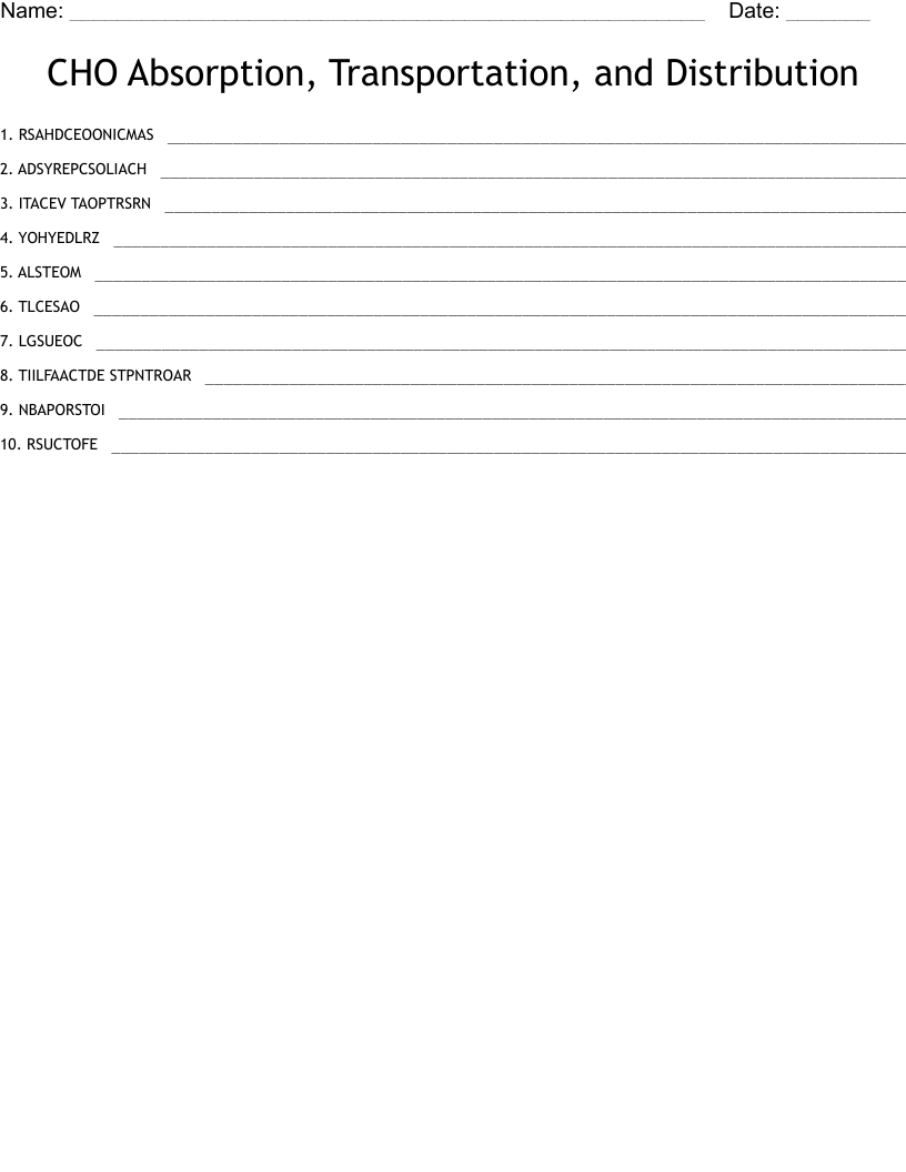 CHO Absorption, Transportation, and Distribution Word Scramble - WordMint