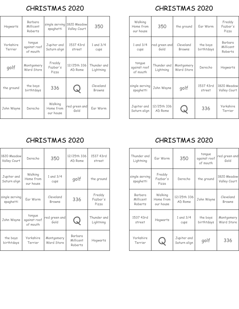 CHRISTMAS 2020 Bingo Cards - WordMint