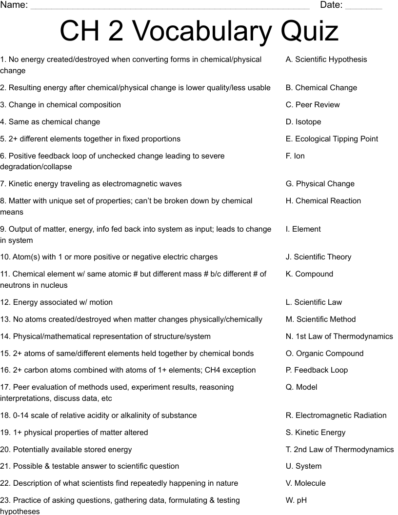 CH 2 Vocabulary Quiz Worksheet - WordMint