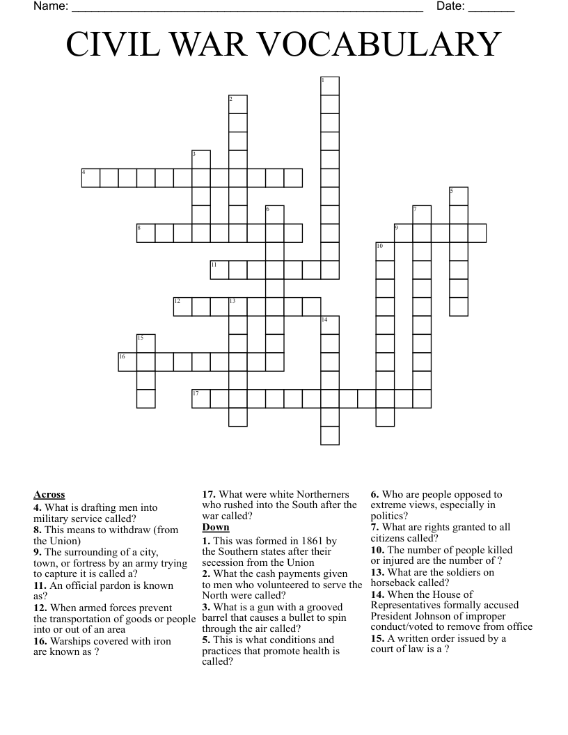 CIVIL WAR VOCABULARY Crossword - WordMint