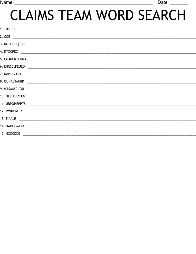 CLAIMS TEAM WORD SEARCH Word Scramble - WordMint