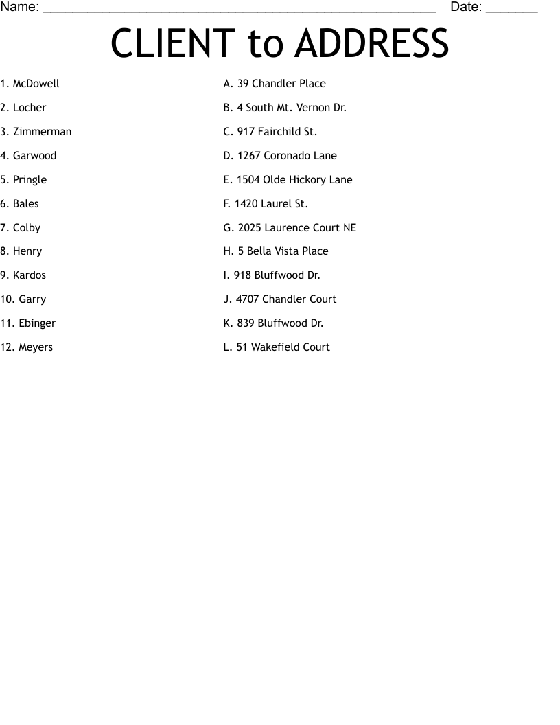 CLIENT to ADDRESS Worksheet - WordMint