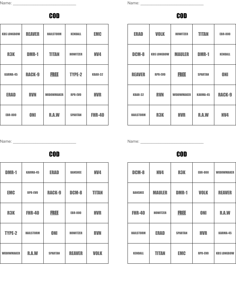 COD Bingo Cards - WordMint