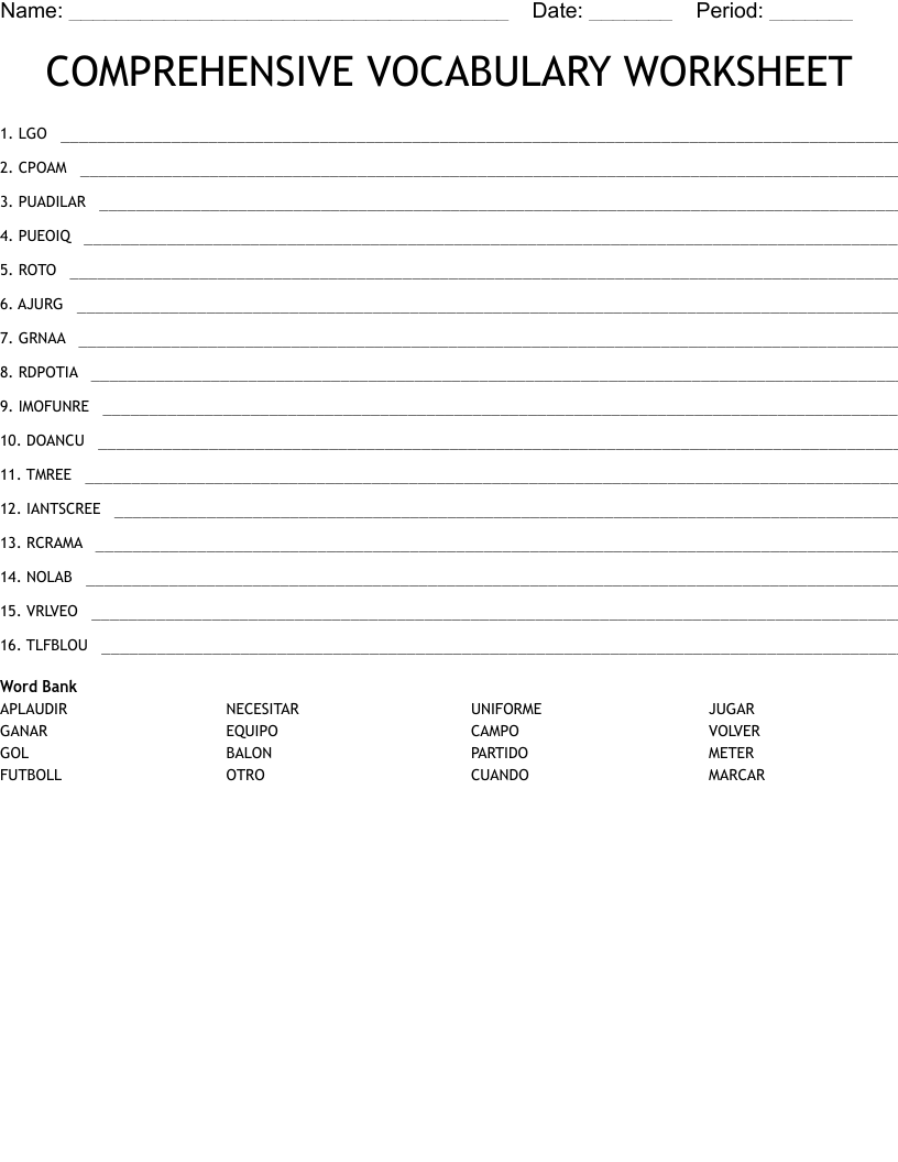 COMPREHENSIVE VOCABULARY WORKSHEET Word Scramble - WordMint
