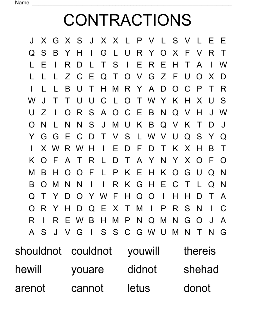 CONTRACTIONS Word Search - WordMint