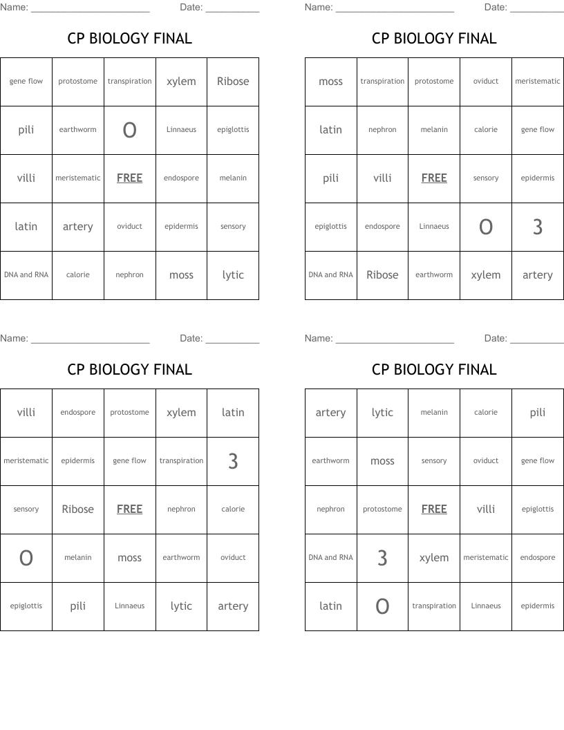 CP BIOLOGY FINAL Bingo Cards - WordMint