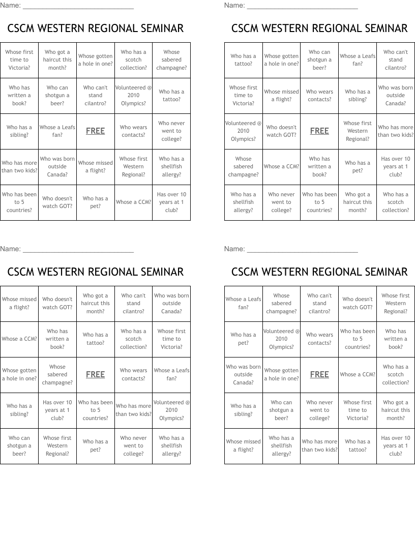 CSCM WESTERN REGIONAL SEMINAR Bingo Cards - WordMint