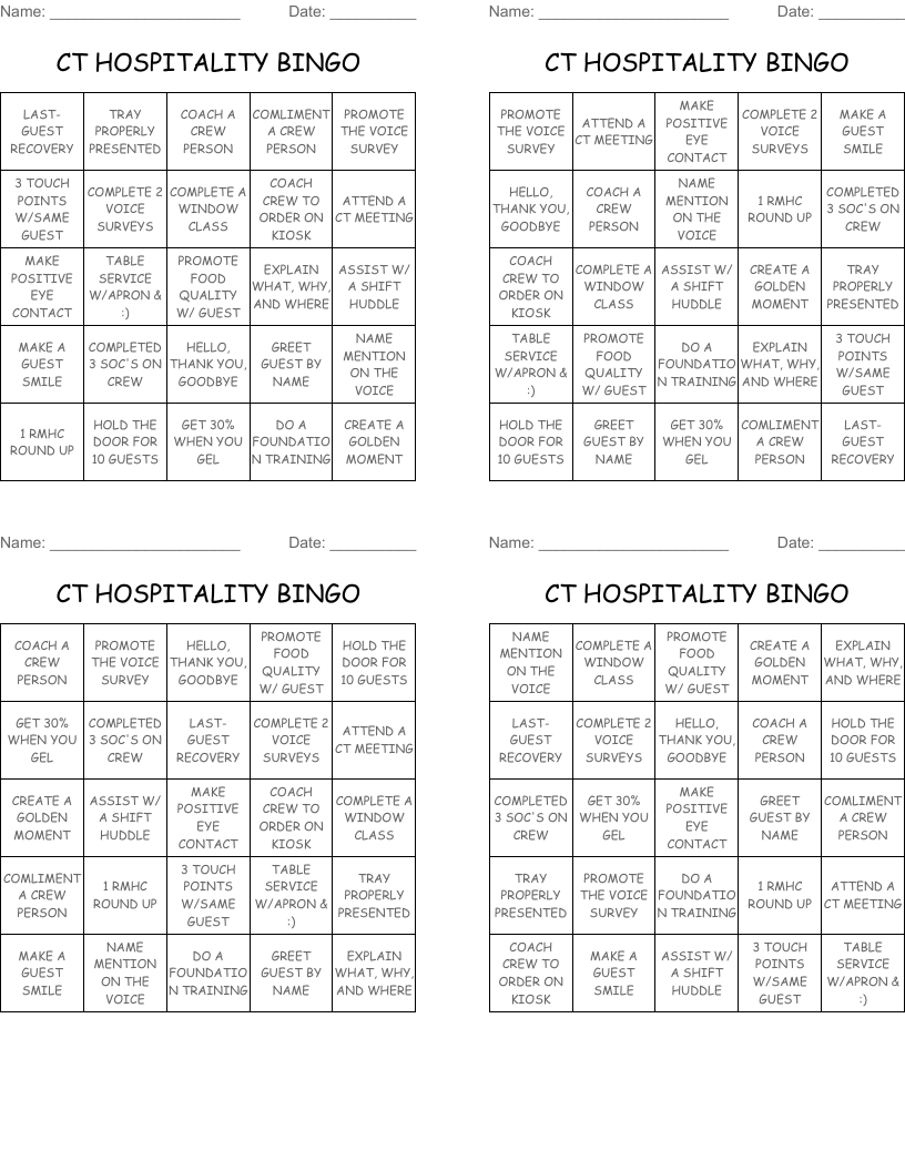 CT HOSPITALITY BINGO - WordMint