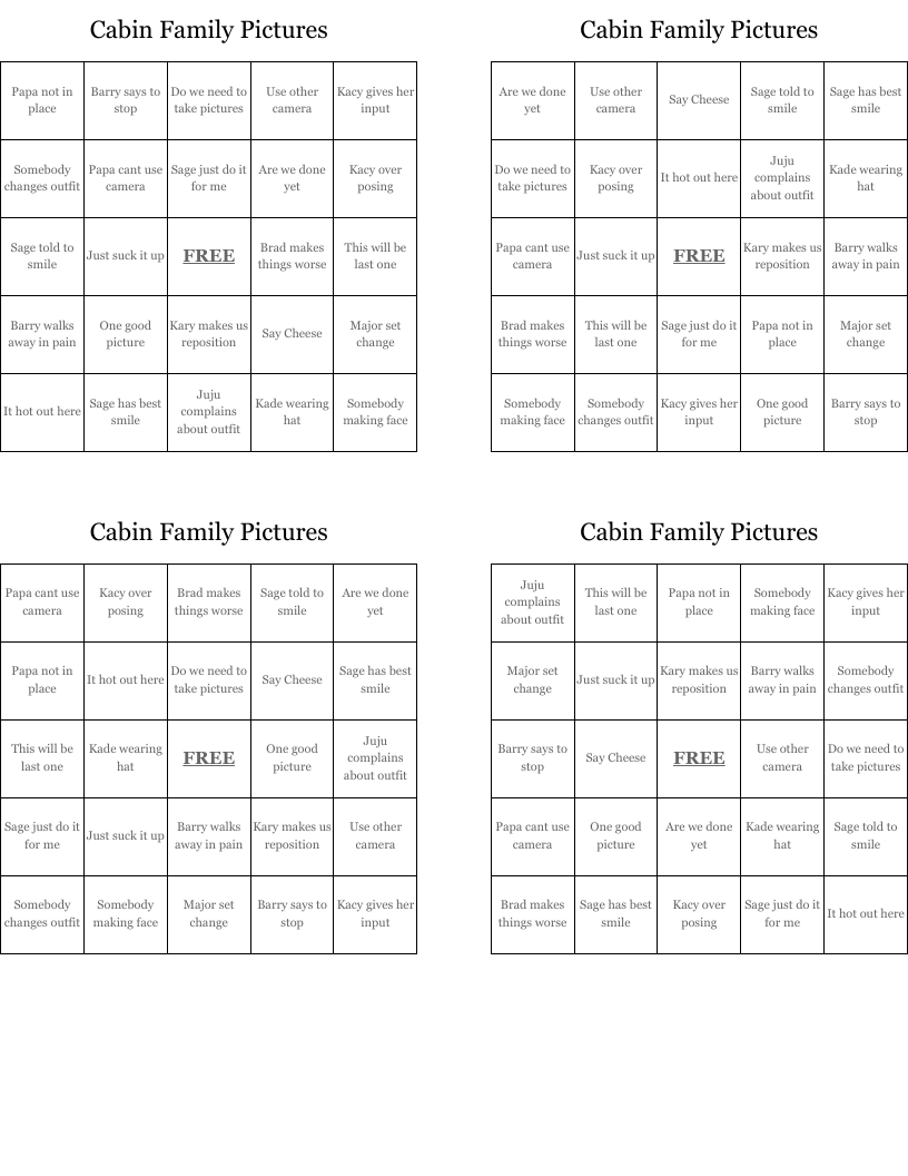 Cabin Family Pictures Bingo Cards - WordMint