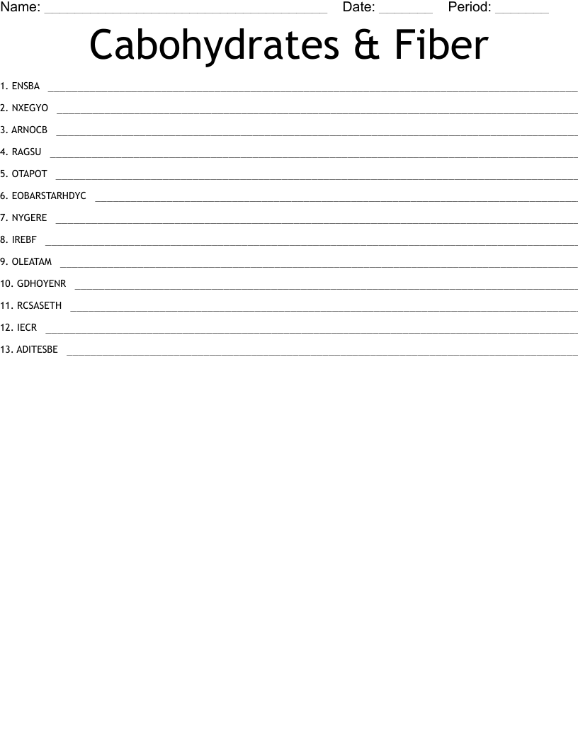 Cabohydrates & Fiber Word Scramble - WordMint