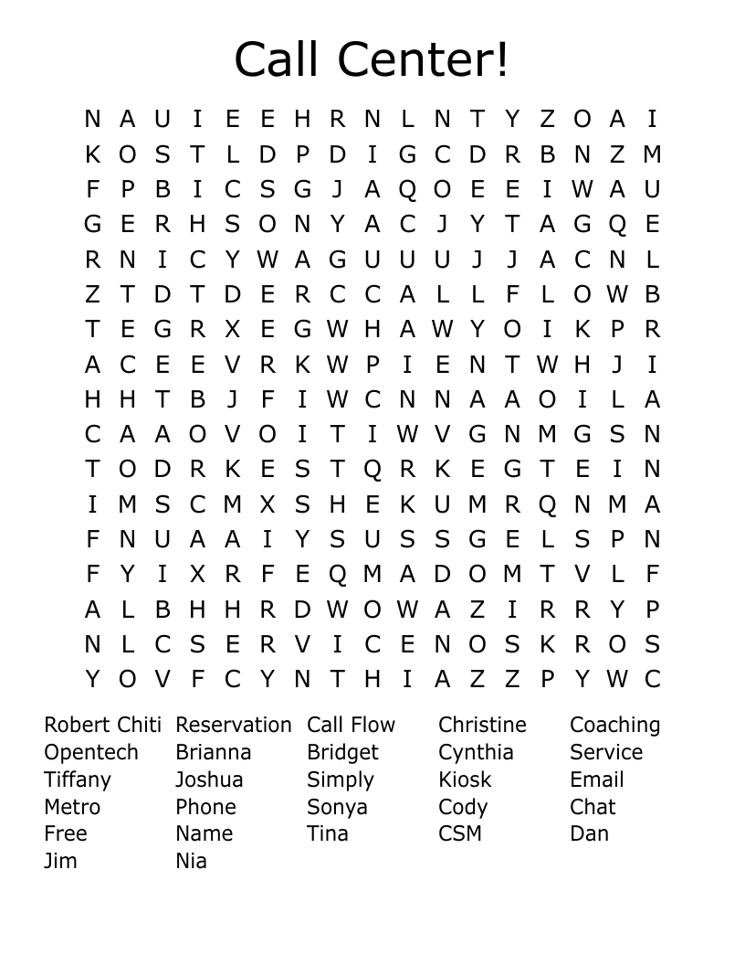Call Center! Word Search - WordMint