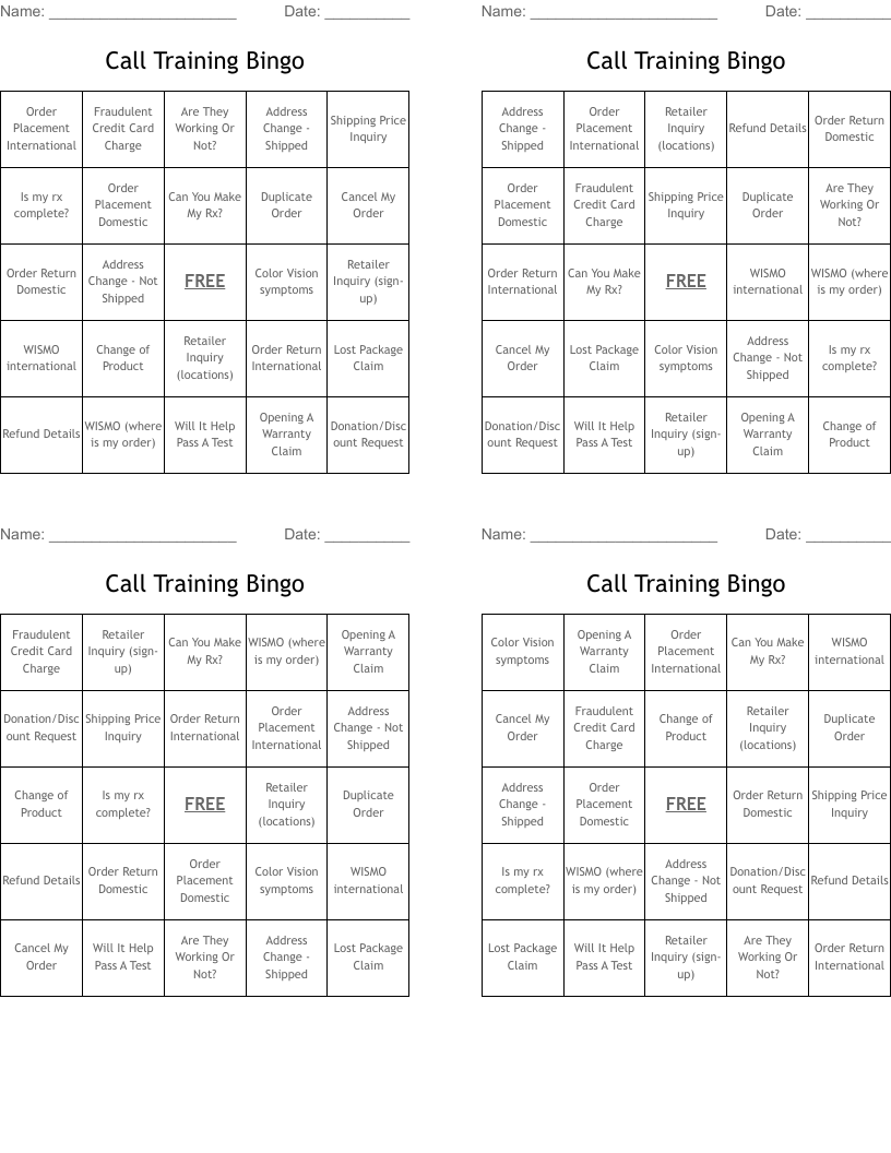 Call Training Bingo - WordMint