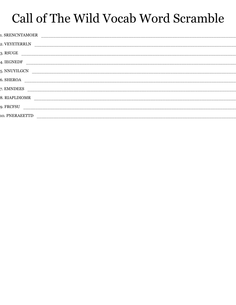 Call of The Wild Vocab Word Scramble - WordMint