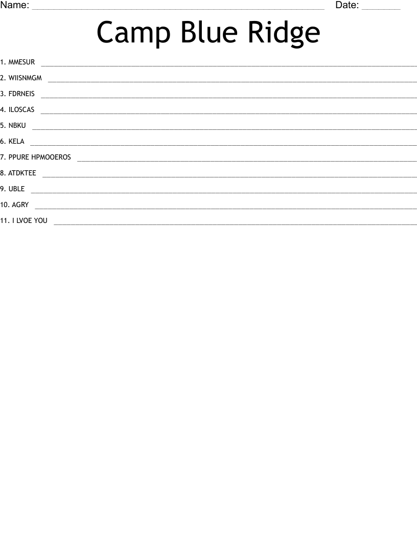 Camp Blue Ridge Word Scramble - WordMint