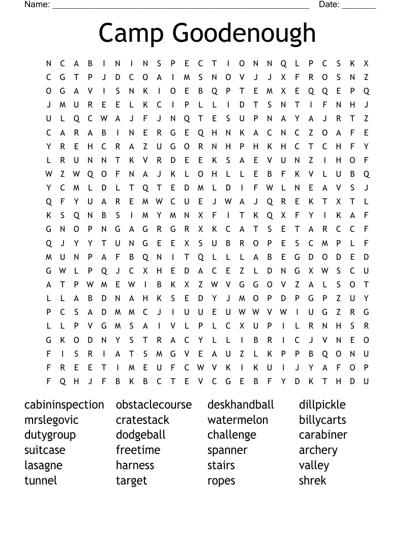 Camp Goodenough Word Search - WordMint