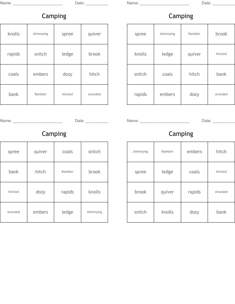 Camping Bingo Cards - WordMint