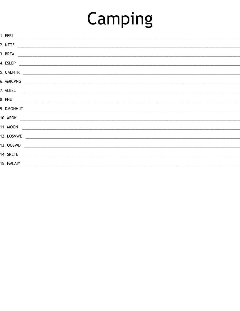 Camping Word Scramble - WordMint