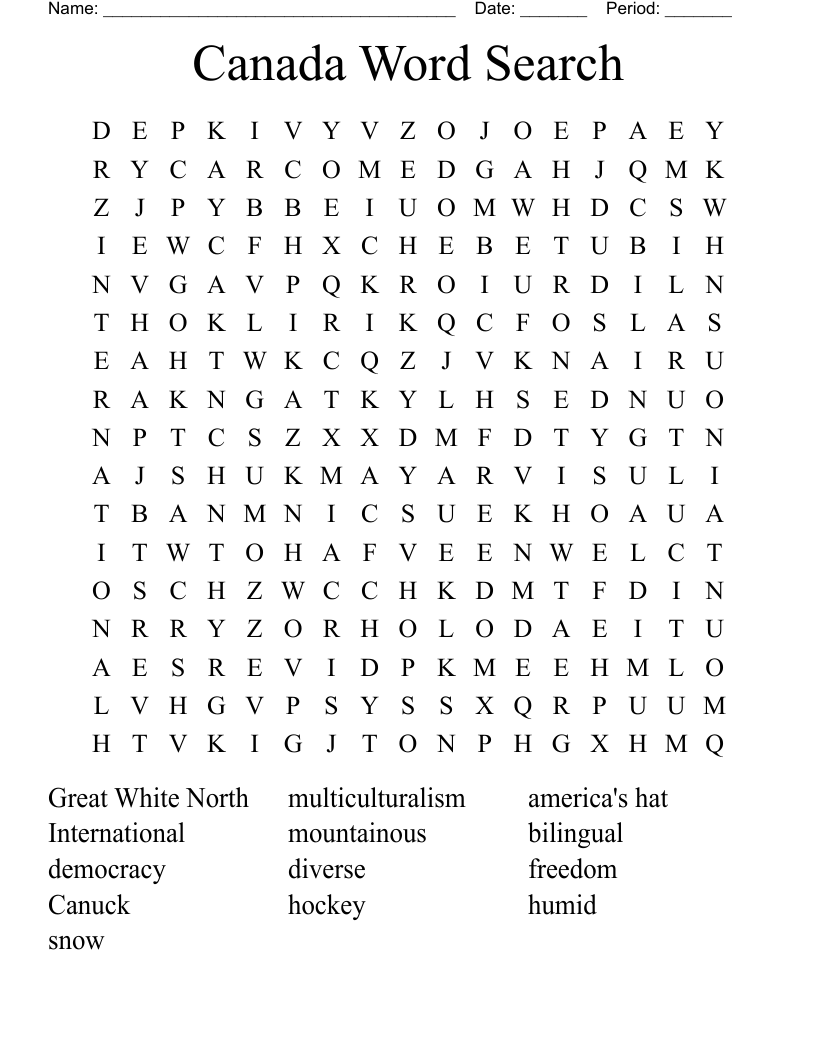 Canada Word Search - WordMint
