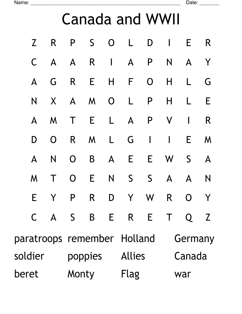 Canada and WWII Word Search - WordMint