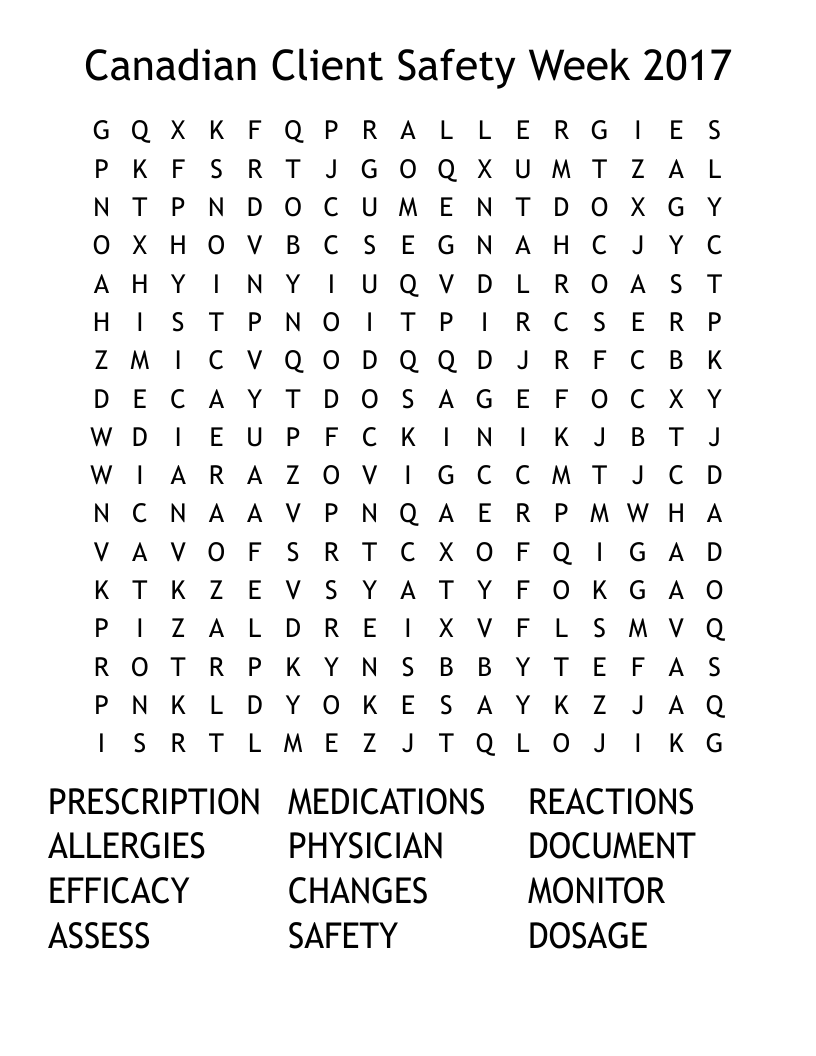 Canadian Client Safety Week 2017 Word Search - WordMint