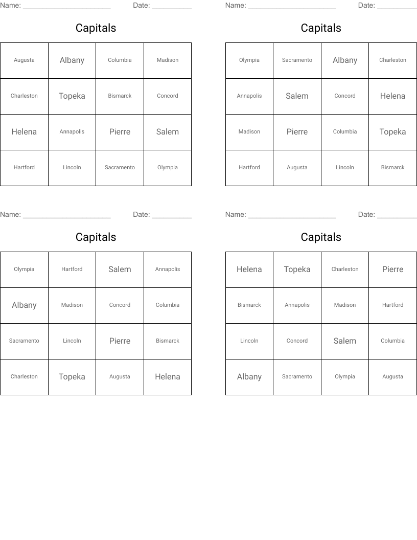 Capitals Bingo Cards - WordMint