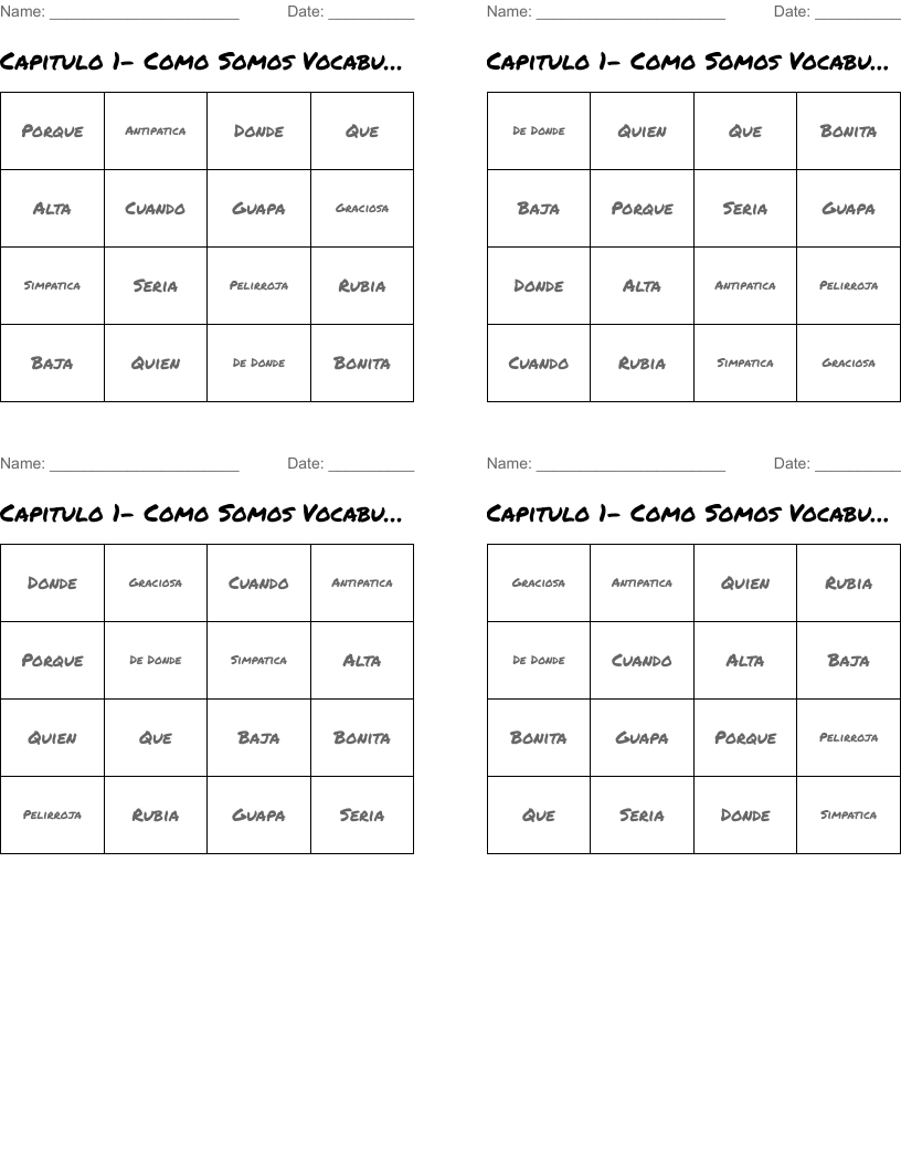 Capitulo 1- Como Somos Vocabulario 1 Bingo Cards - WordMint