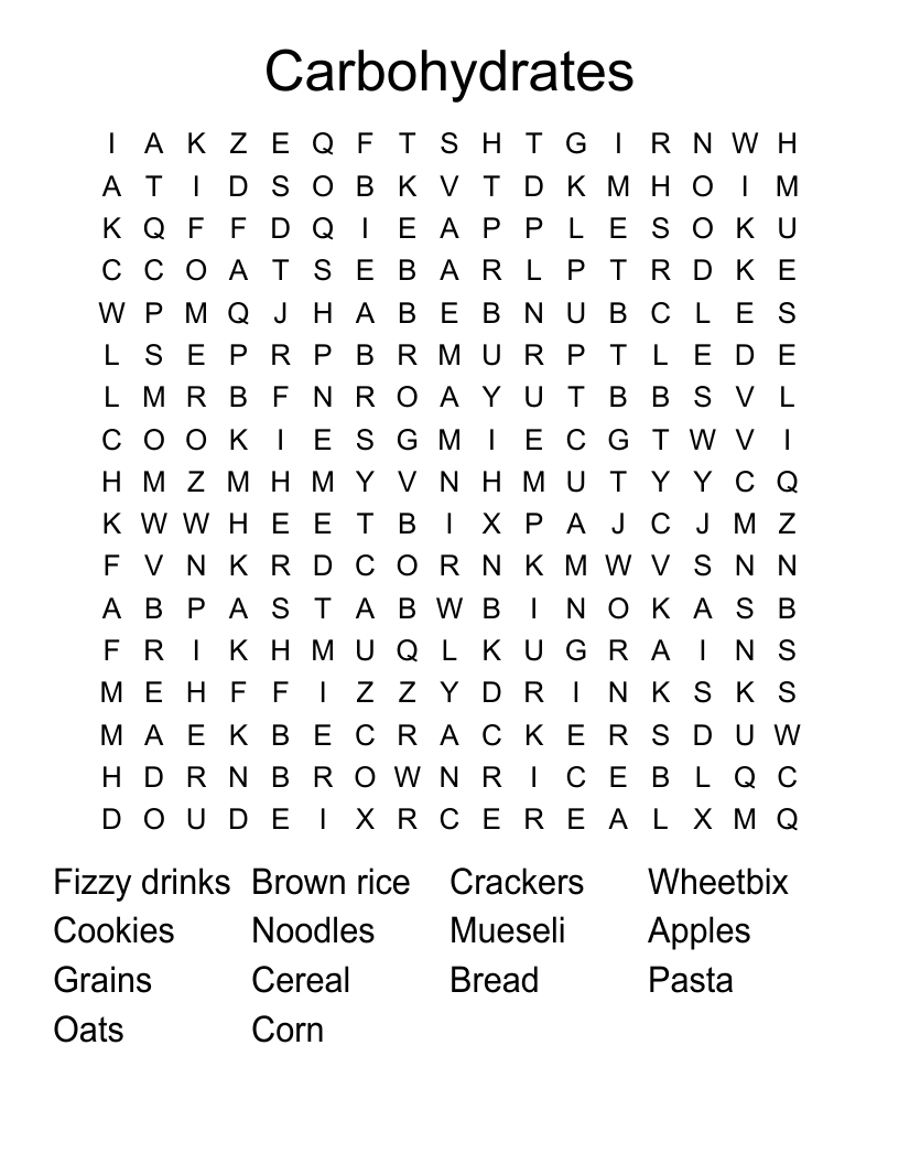 Carbohydrates Word Search WordMint