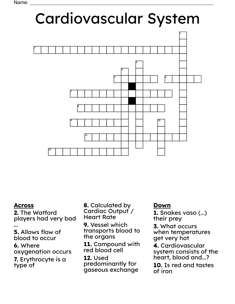 Cardiovascular System Crossword - WordMint
