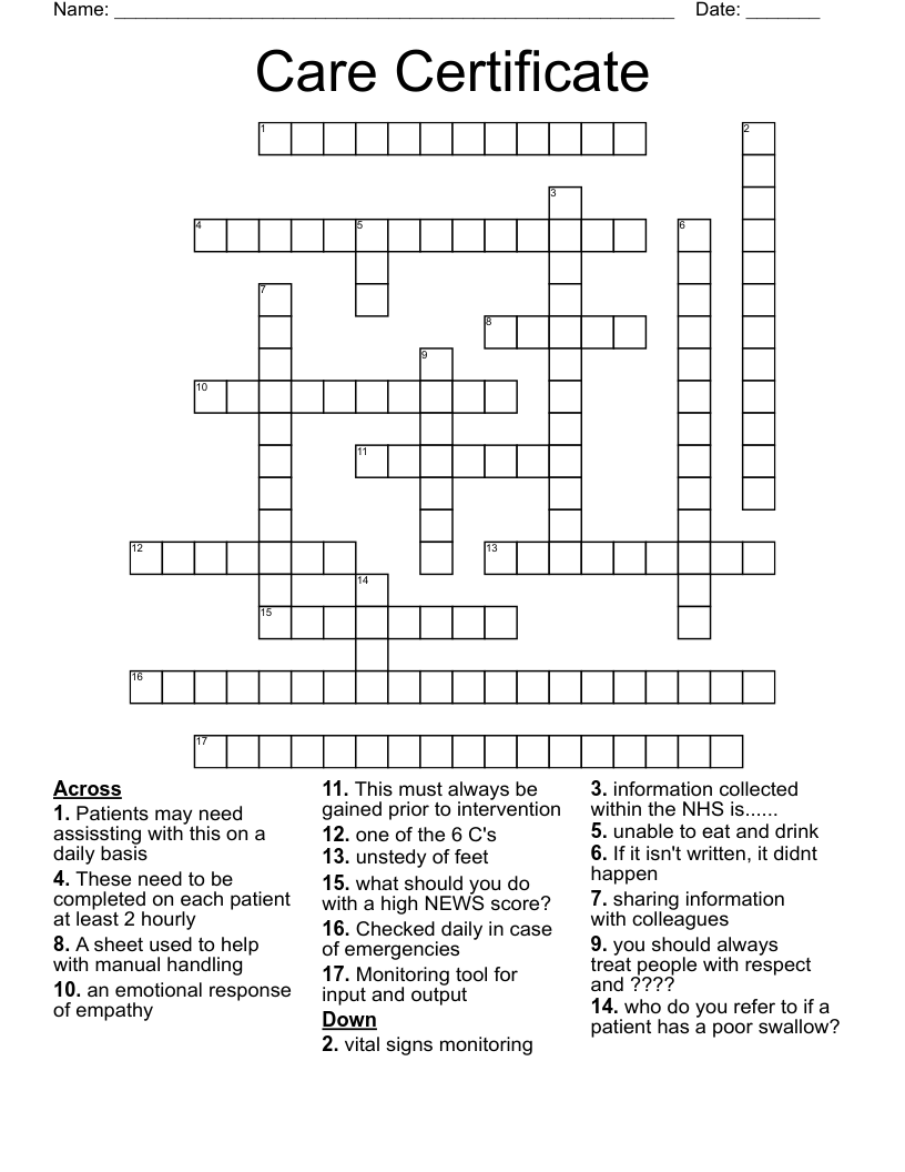 Care Certificate Crossword - WordMint