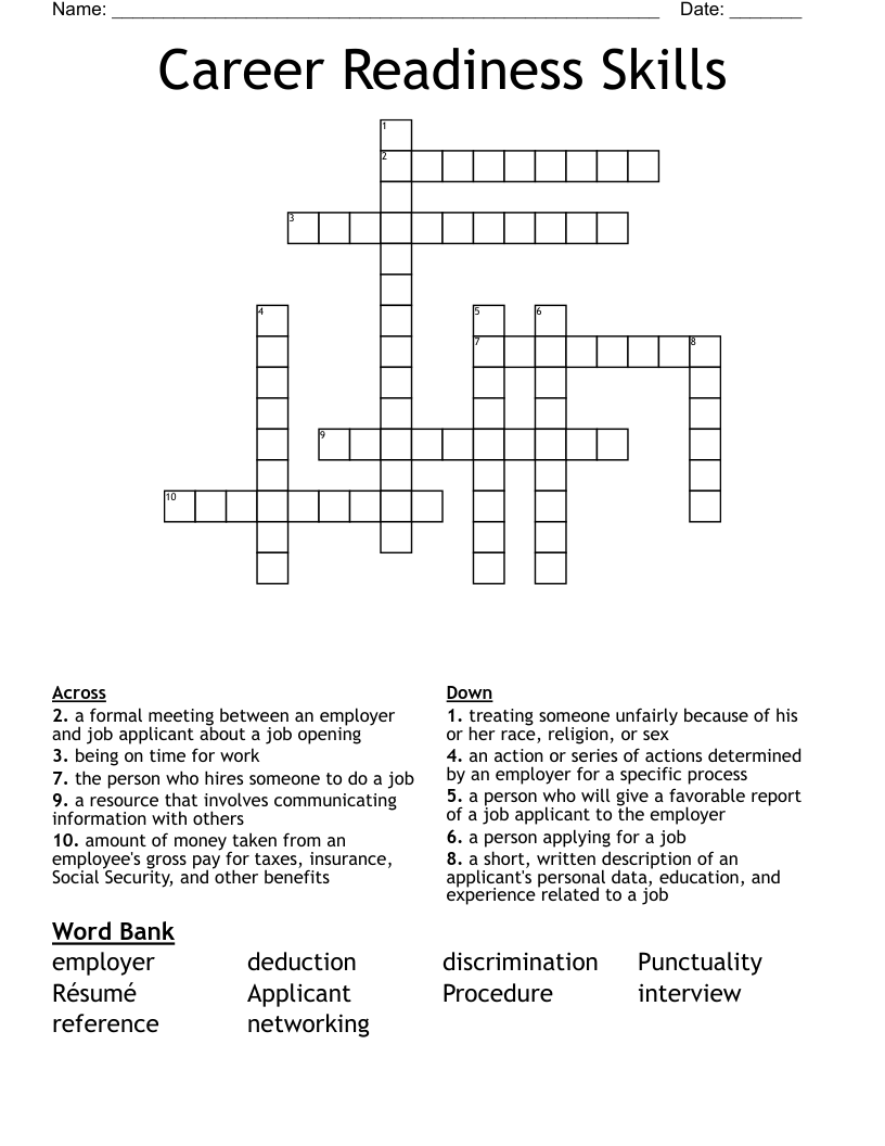 Career Readiness Skills Crossword - WordMint