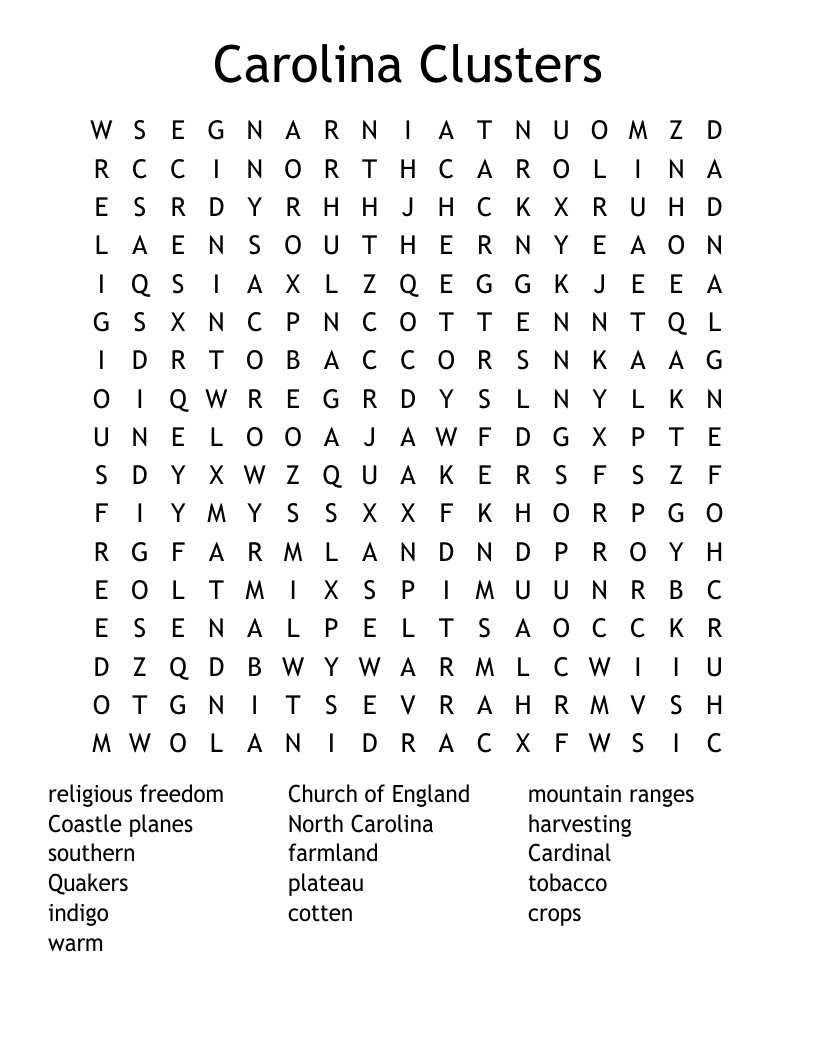 Carolina Clusters Word Search - WordMint