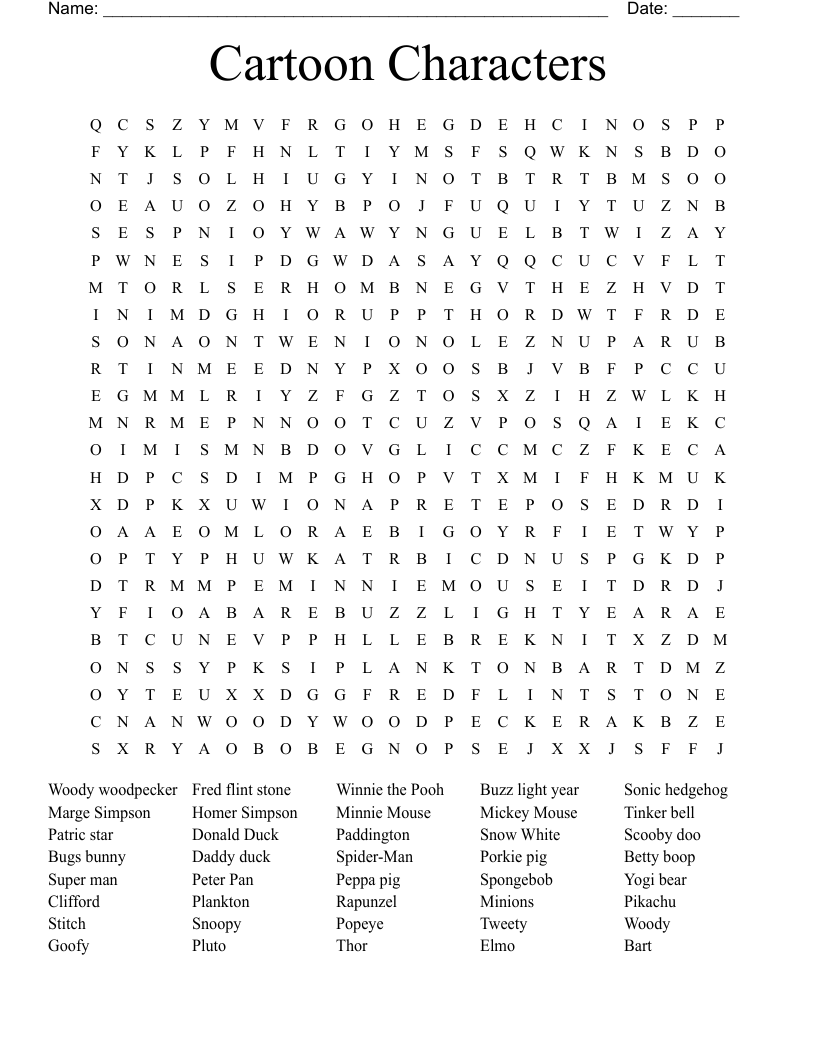 Cartoon Characters Crossword WordMint