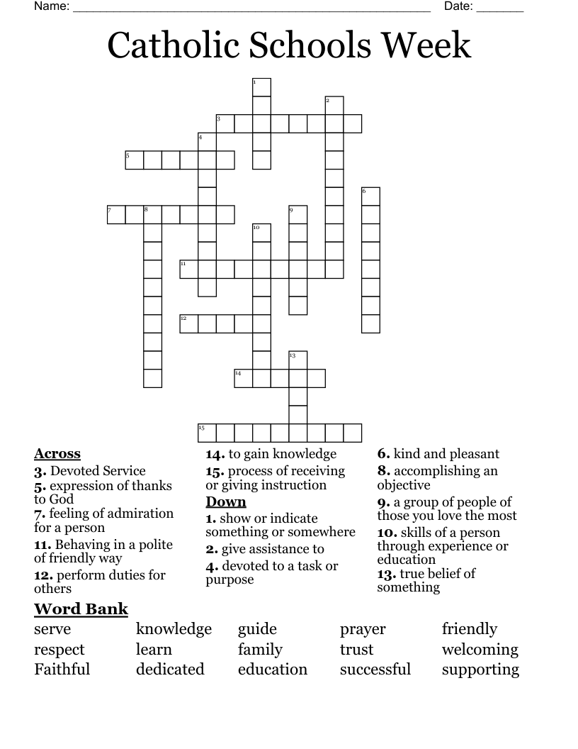 Catholic Schools Week Crossword - WordMint
