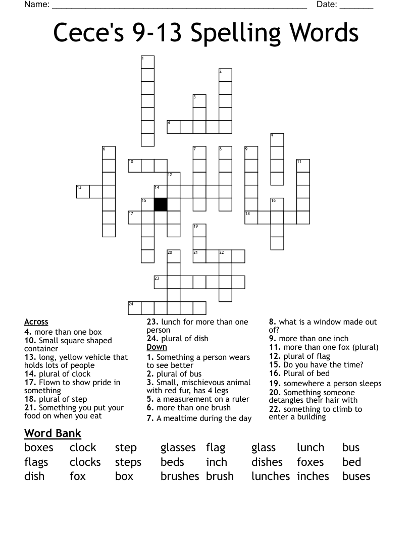 Cece's 9-13 Spelling Words Crossword - WordMint