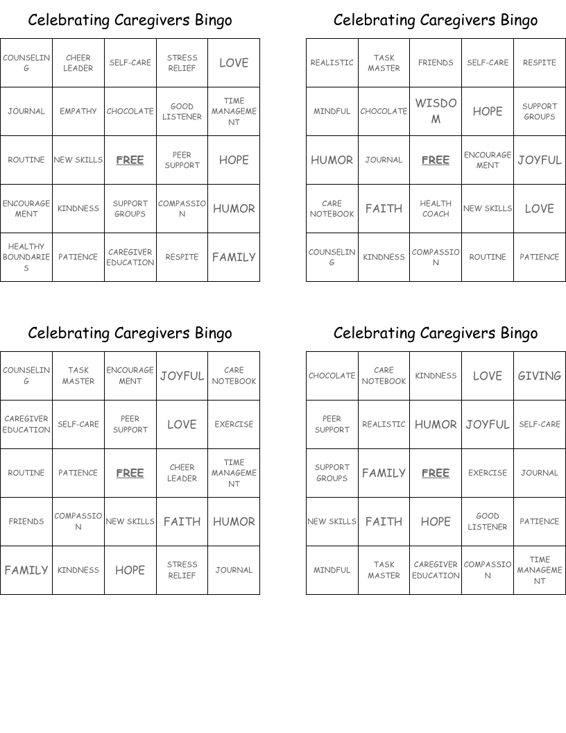 Celebrating Caregivers Bingo - WordMint