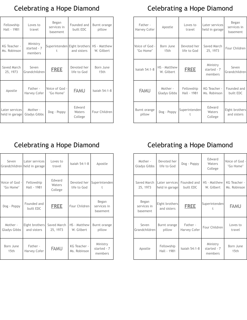 Celebrating a Hope Diamond Bingo Cards - WordMint