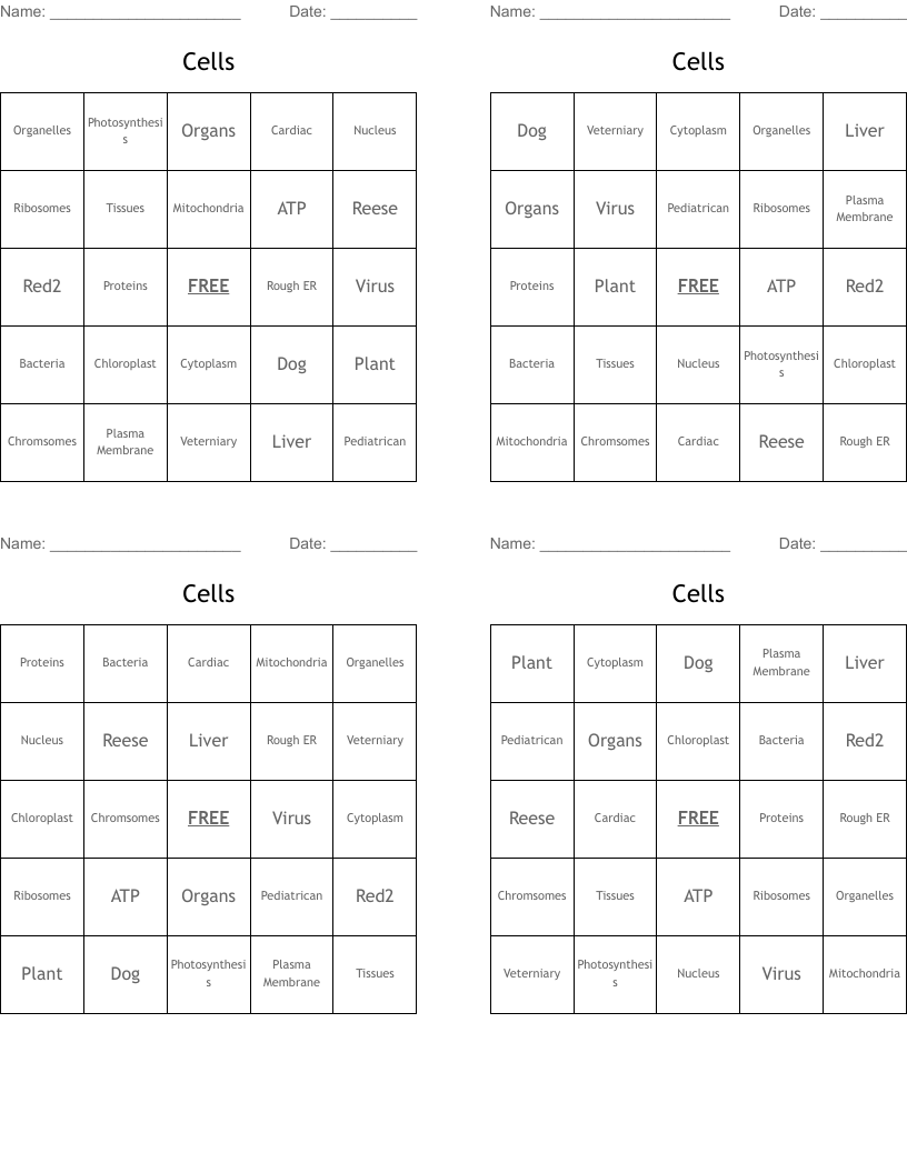 Cells Bingo Cards - WordMint