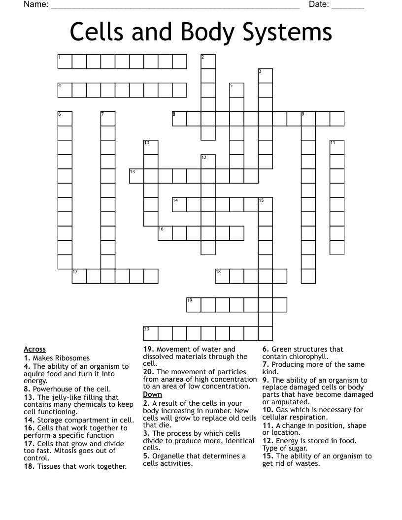Cells and Body Systems Crossword - WordMint