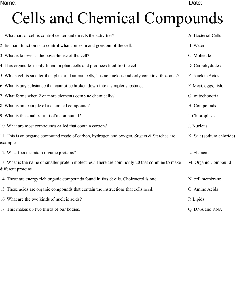 Cells and Chemical Compounds Worksheet - WordMint