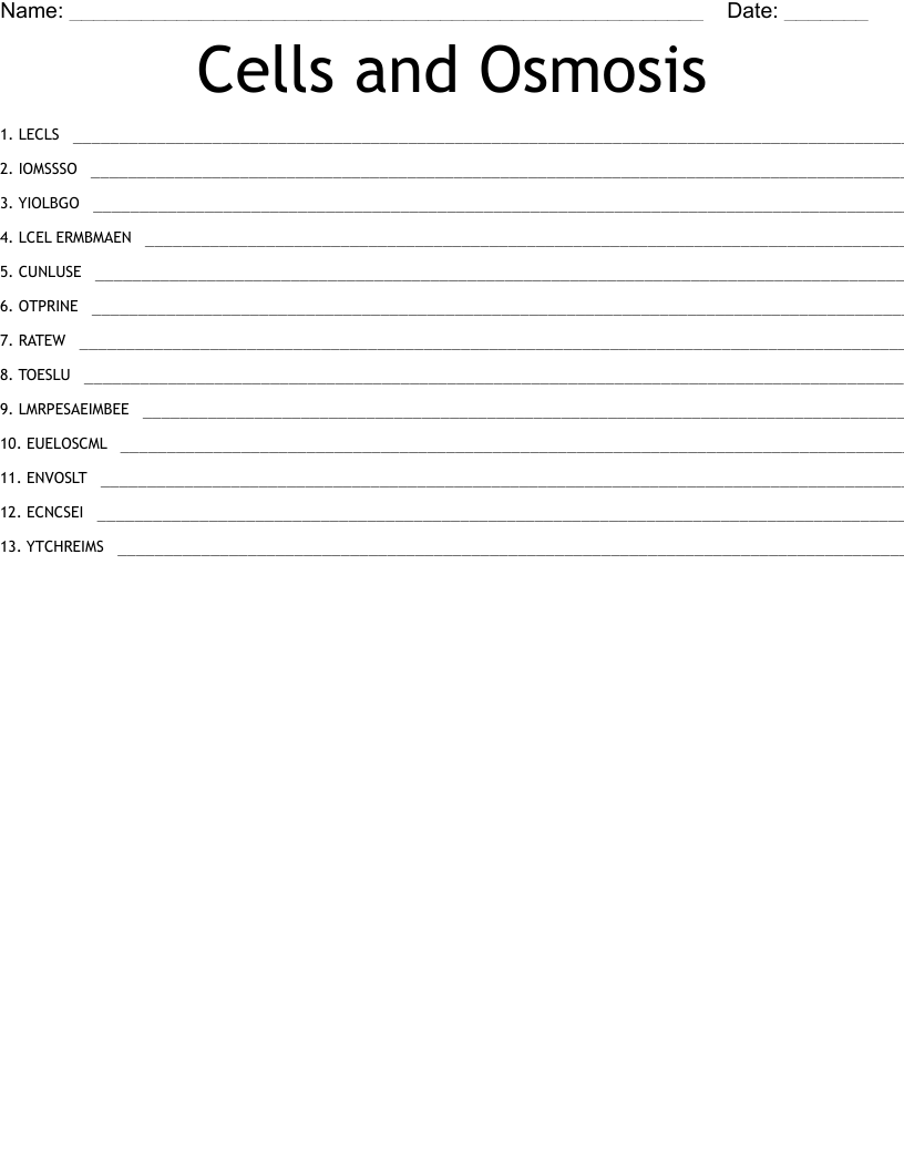 Cells and Osmosis Word Scramble - WordMint