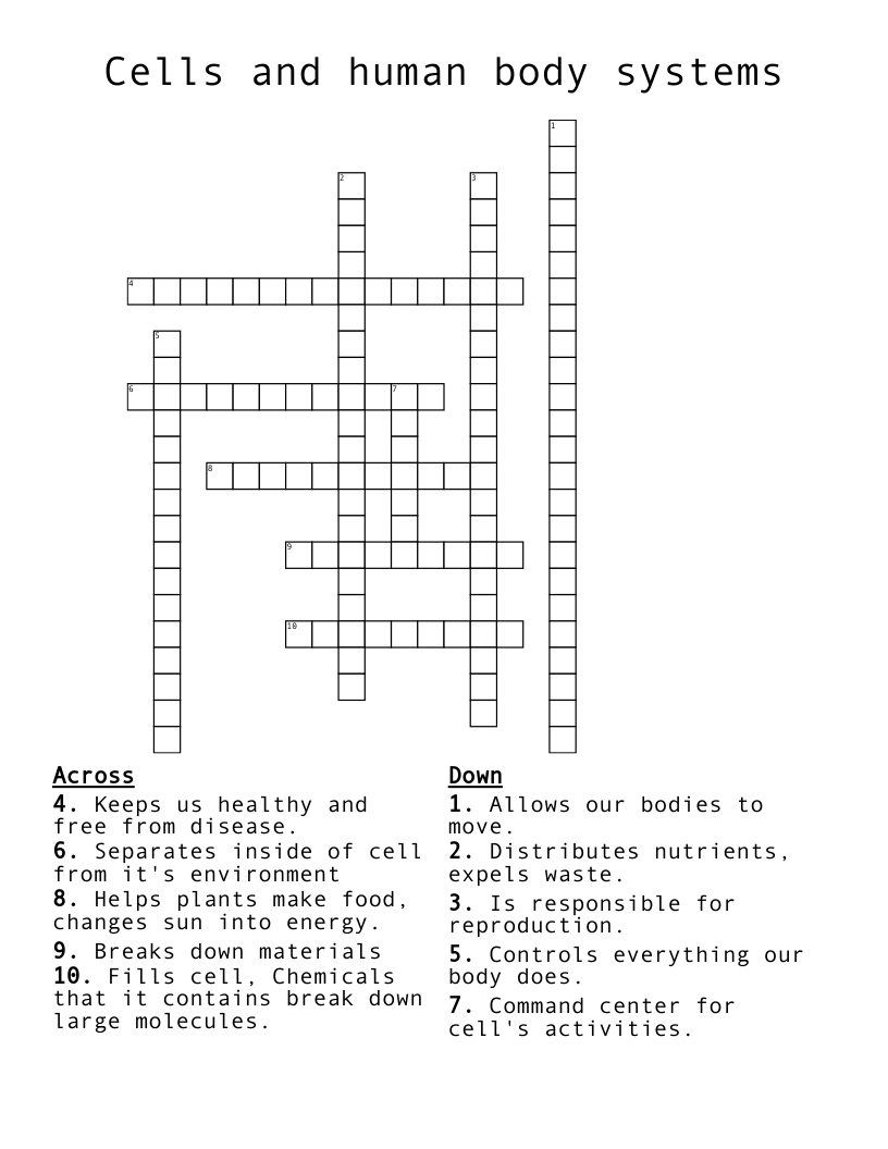 Cells and human body systems Crossword - WordMint