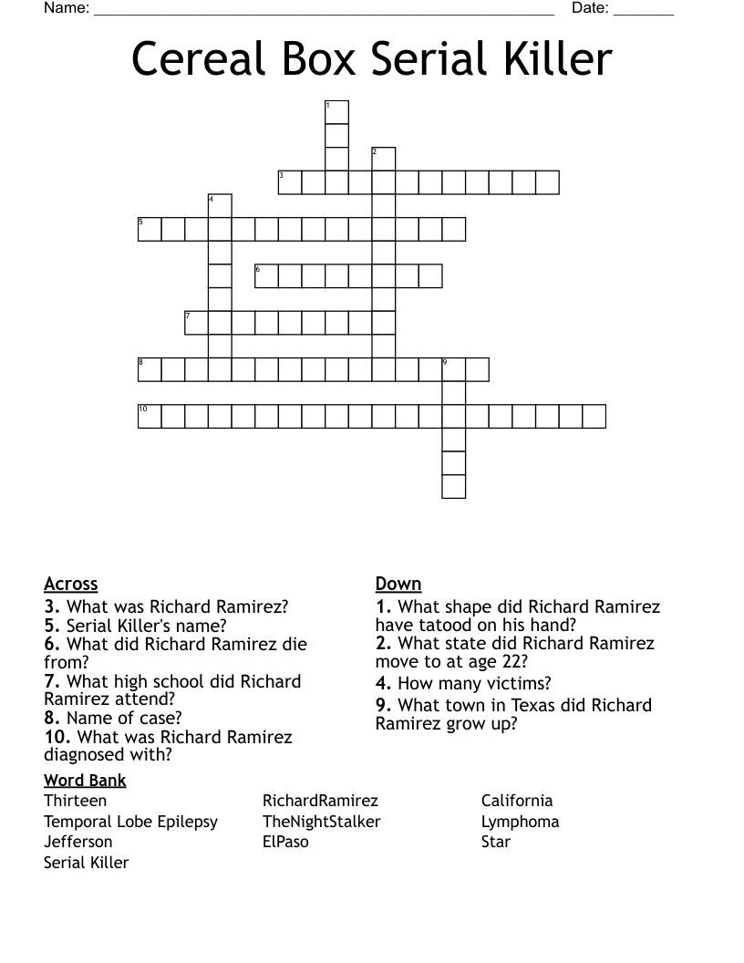 Cereal Box Serial Killer Crossword WordMint