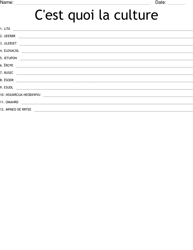 C'est quoi la culture Word Scramble - WordMint